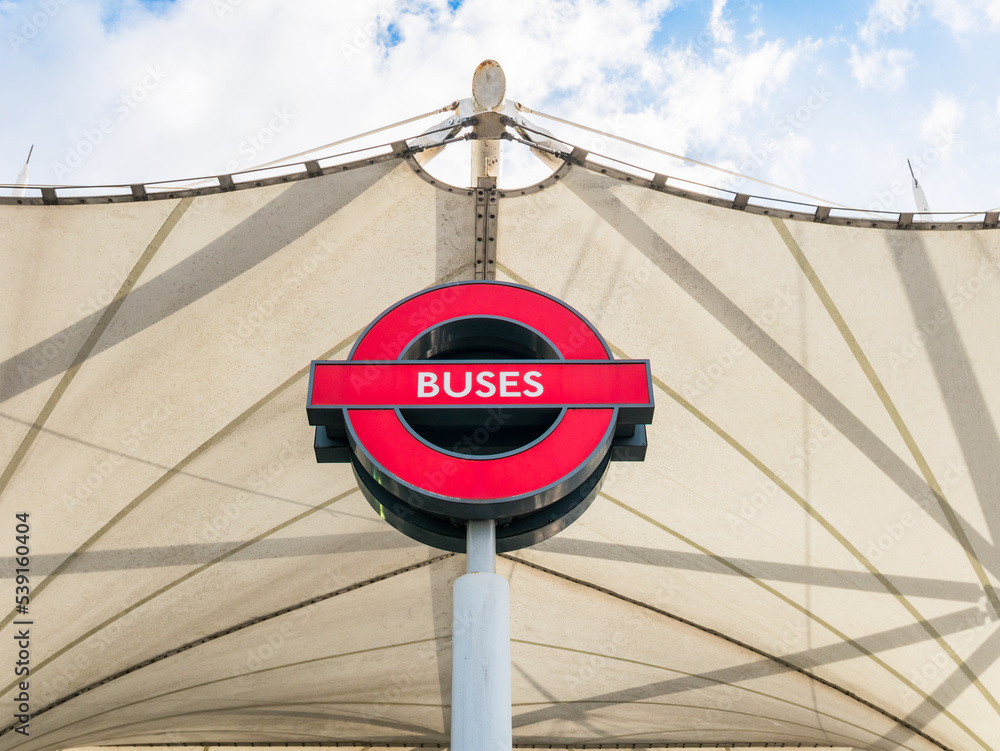 London, Uk, October 16th 2022: A red London buses sign logo at ...