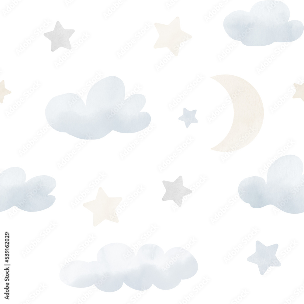 Seamless watercolor Baby Pattern with Clouds, Stars and crescent moon ...