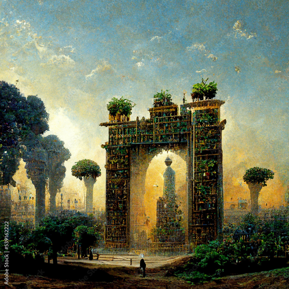 the gate of Babylon illustration merged with the hanging gardens of ...