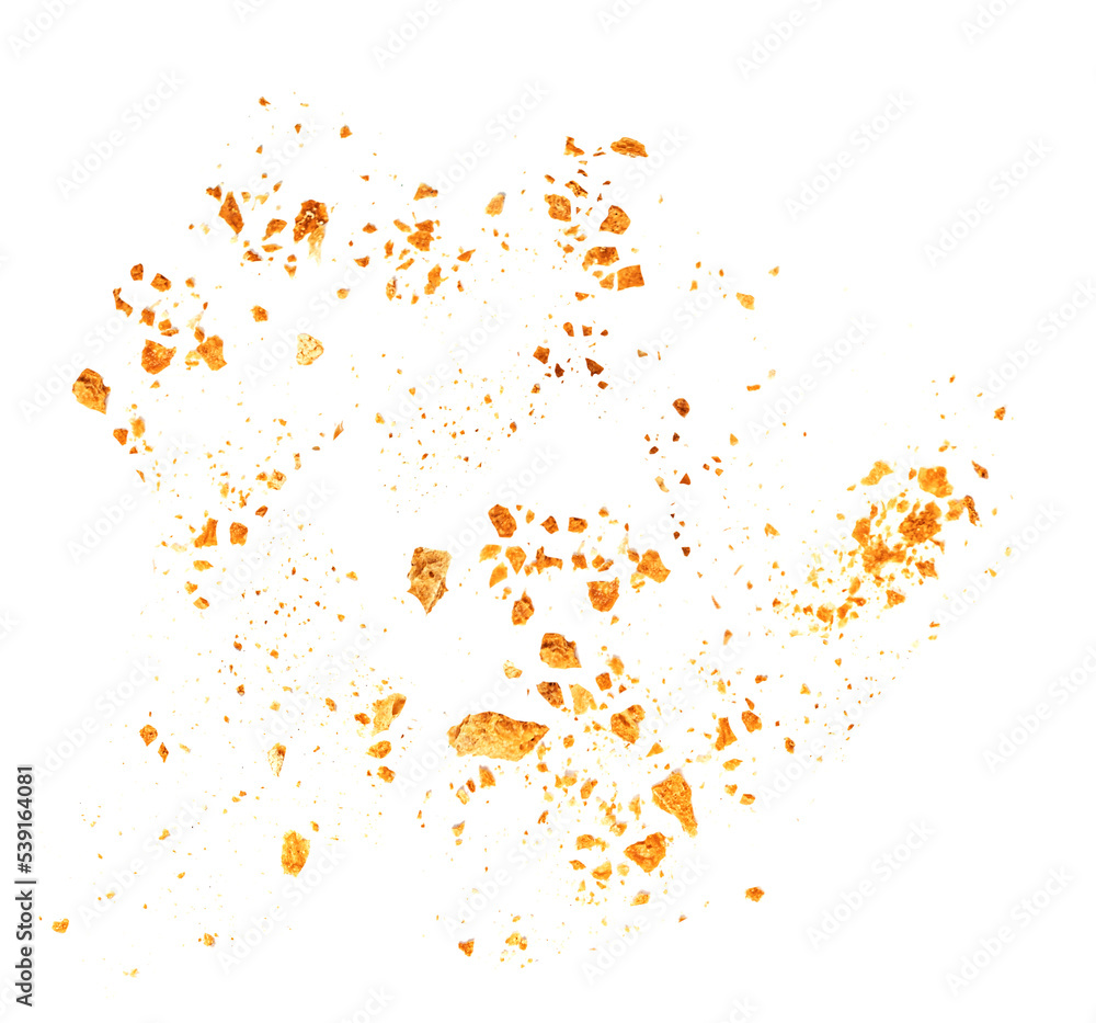 Bread crumbs macro isolated on white background. Splash of crumbs Top ...