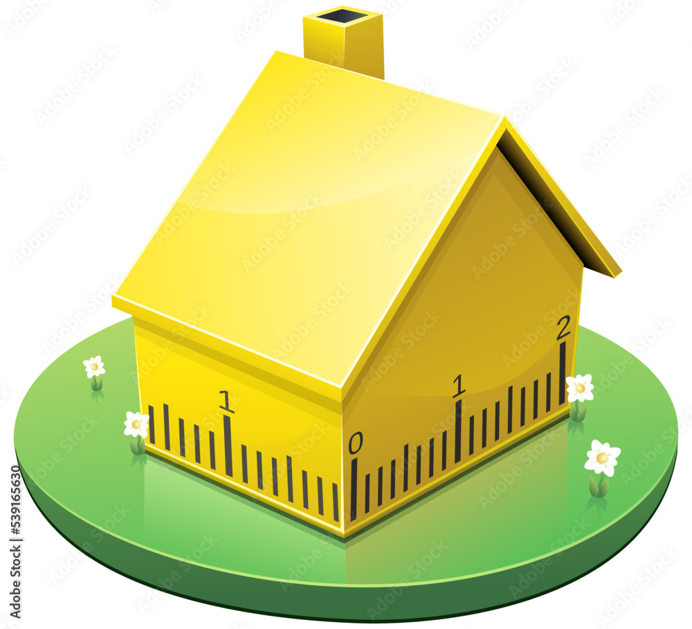 Yellow 3D house and its dimensions with the graduation of a measuring ...