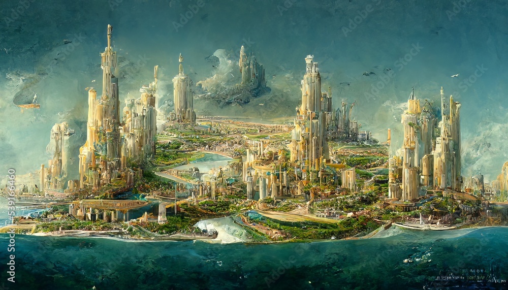 Atlantis. A fantastic city with a beautiful landscape. Illustration for ...