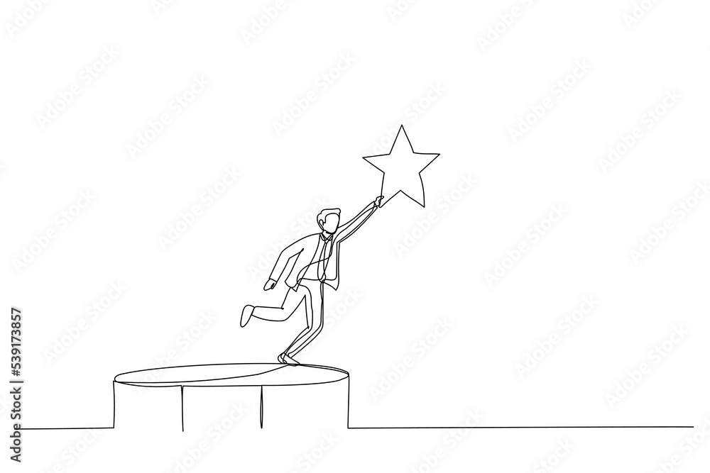 Drawing of businessman bounce on trampoline jump flying high to grab ...