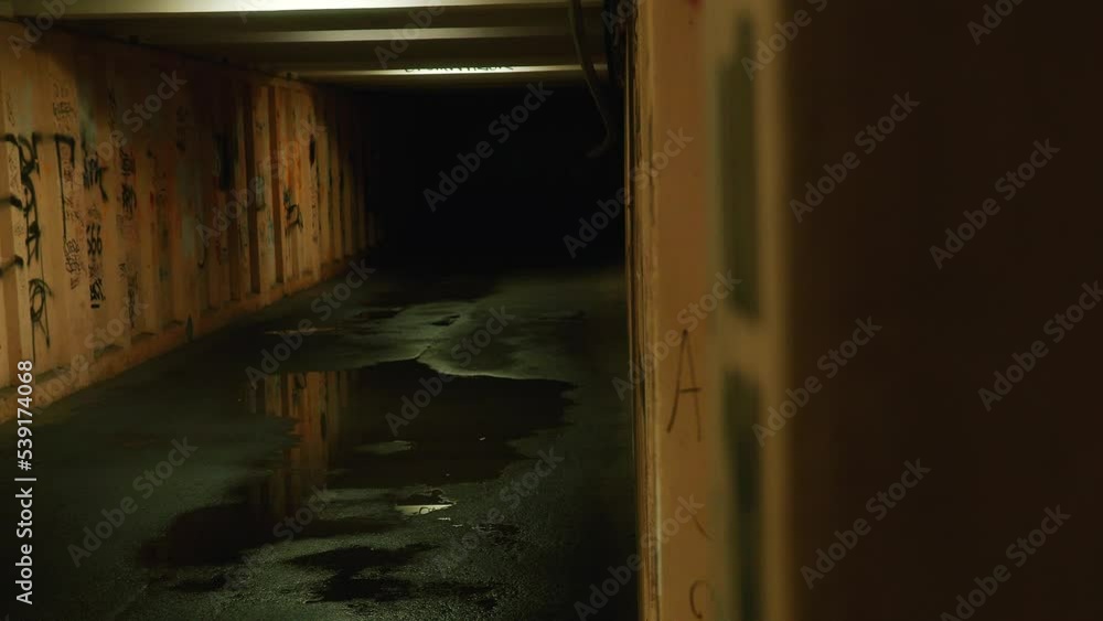 Video. Empty deserted underpass with painted walls. Gloomy view of ...