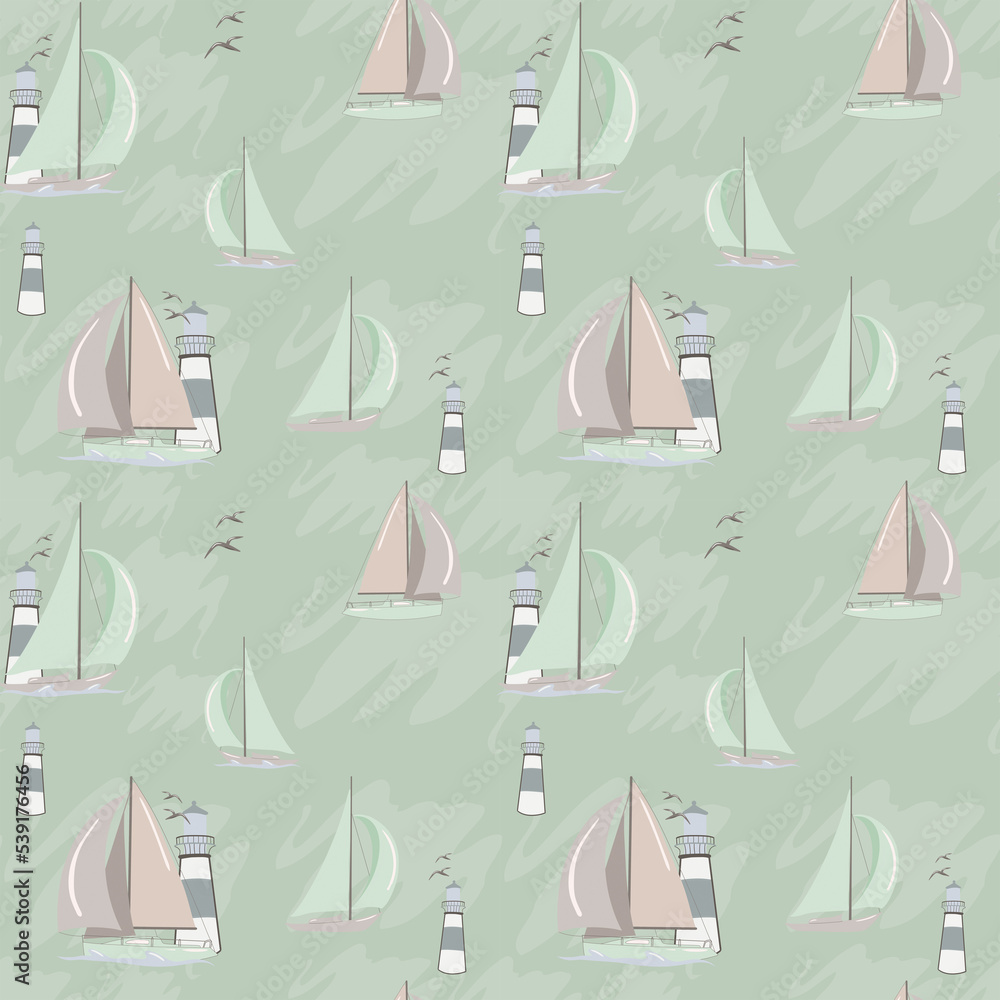 Sailing yacht illustration, drawing in pastel colors in vintage style ...