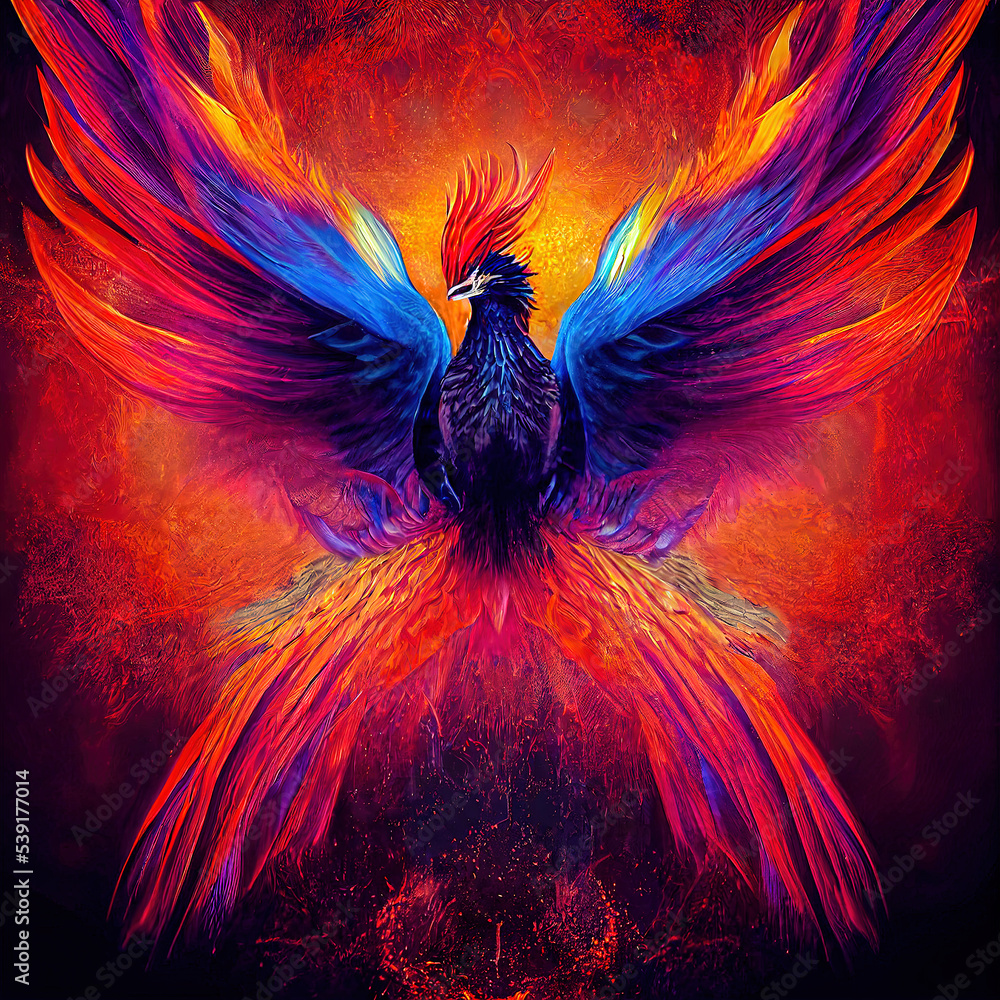 3d illustration rough sketch of a bright, energetic vivid phoenix ...