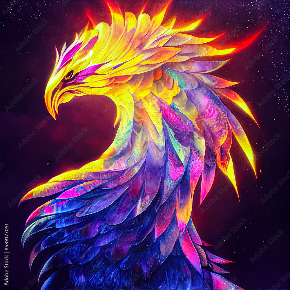 3d illustration rough sketch of a bright, energetic vivid phoenix ...