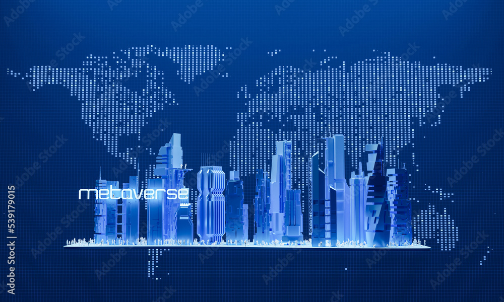 Metaverse city concept. 3D render Wireframe blue color technology ...