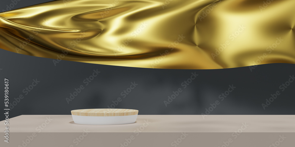 Gold color podium on gold fabric flying wave. Luxury background for ...