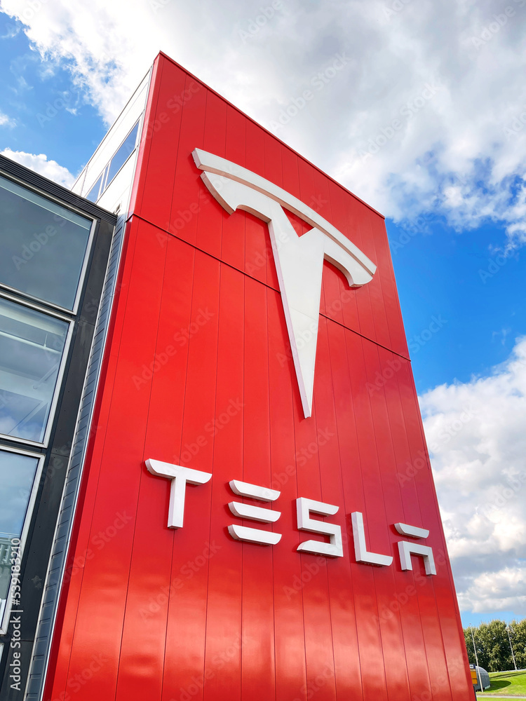 Tesla logo on building of the branch in Amsterdam, Netherlands Stock ...