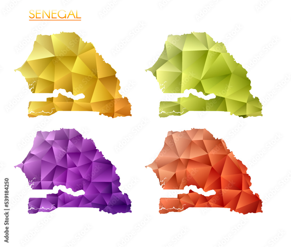 Set of vector polygonal maps of Senegal. Bright gradient map of country ...