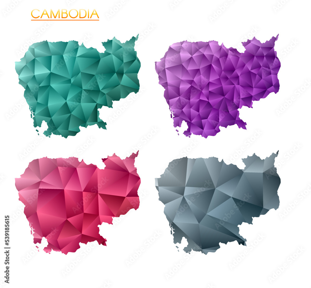 Set of vector polygonal maps of Cambodia. Bright gradient map of ...