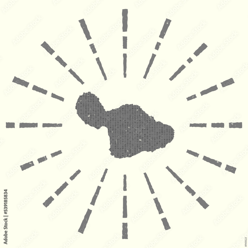 Maui Logo. Grunge sunburst poster with map of the island. Shape of Maui ...