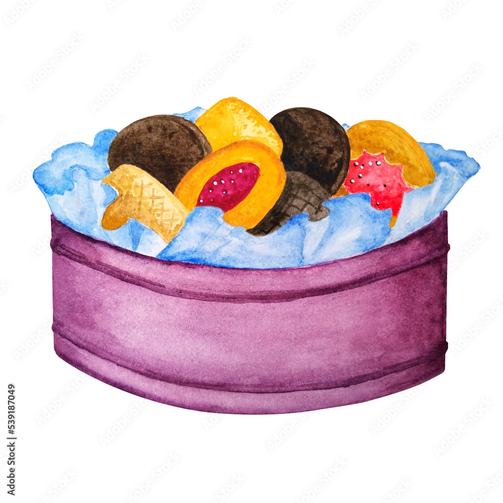 Watercolor hand drawn round purple tin box with homemade sweet ...