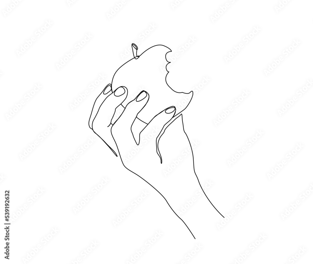 Continuous one line drawing of hand holding bitten apple. Bitten apple ...