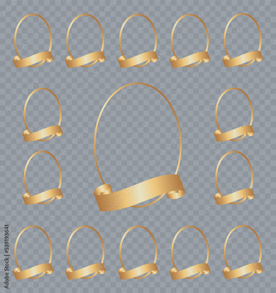 Set of fifteen oval photo frames with golden curved ribbons for ...