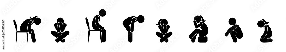 sitting people, man and woman icon set, stick figure human silhouette ...