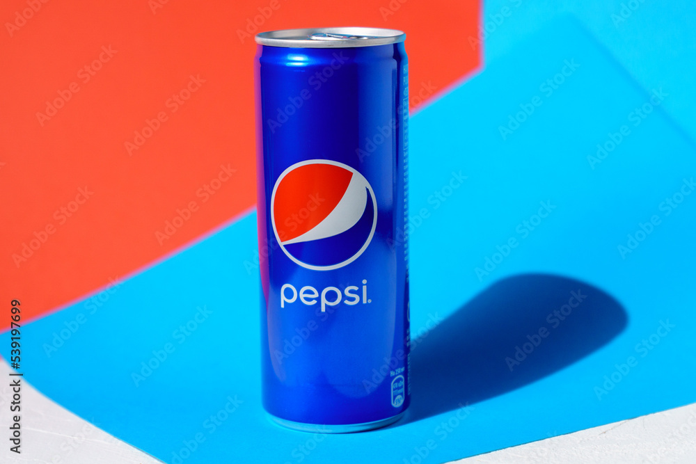 Tyumen, Russia-June 30, 2022: Pepsi drink in a can colorful background ...