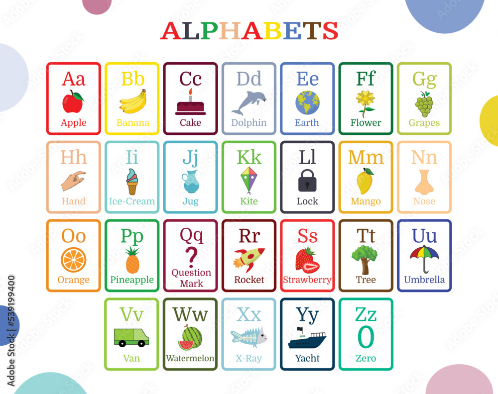 English colorful alphabets and vocabulary card vector for kids to help ...