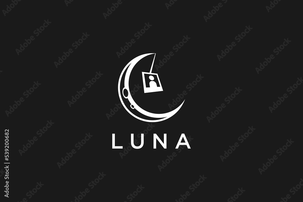 Crescent moon logo design with hanging polaroid photo luna illustration ...