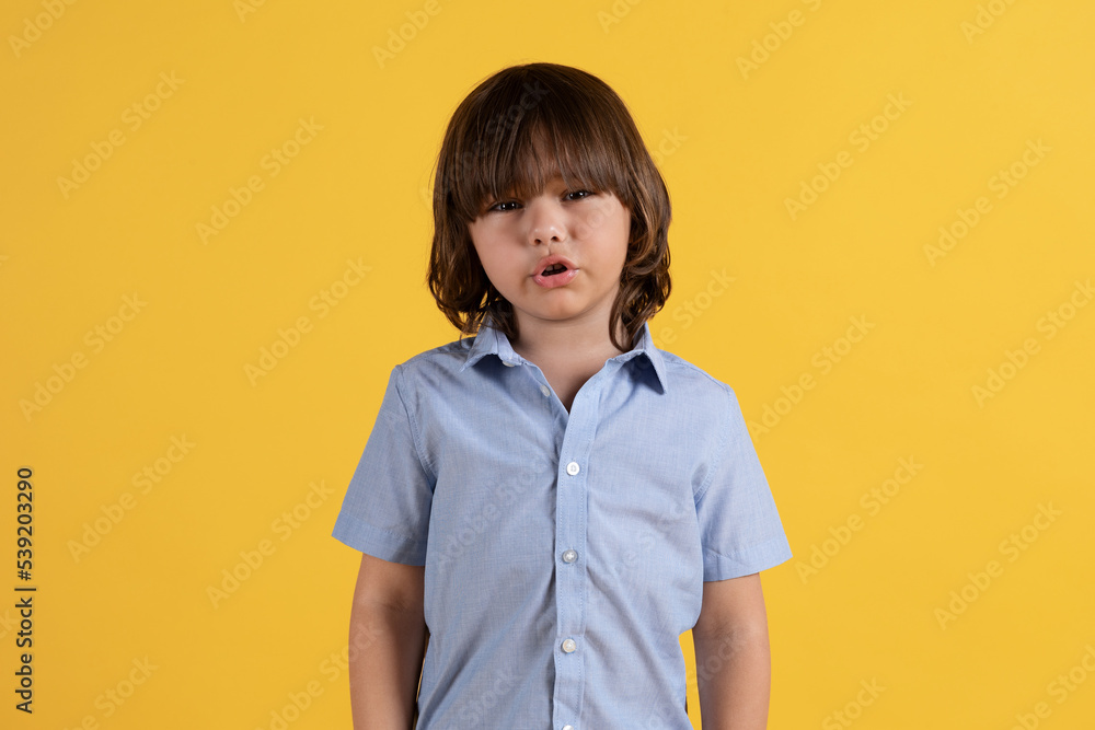Kids unhappiness. Upset little boy pouting lips, looking at camera with ...
