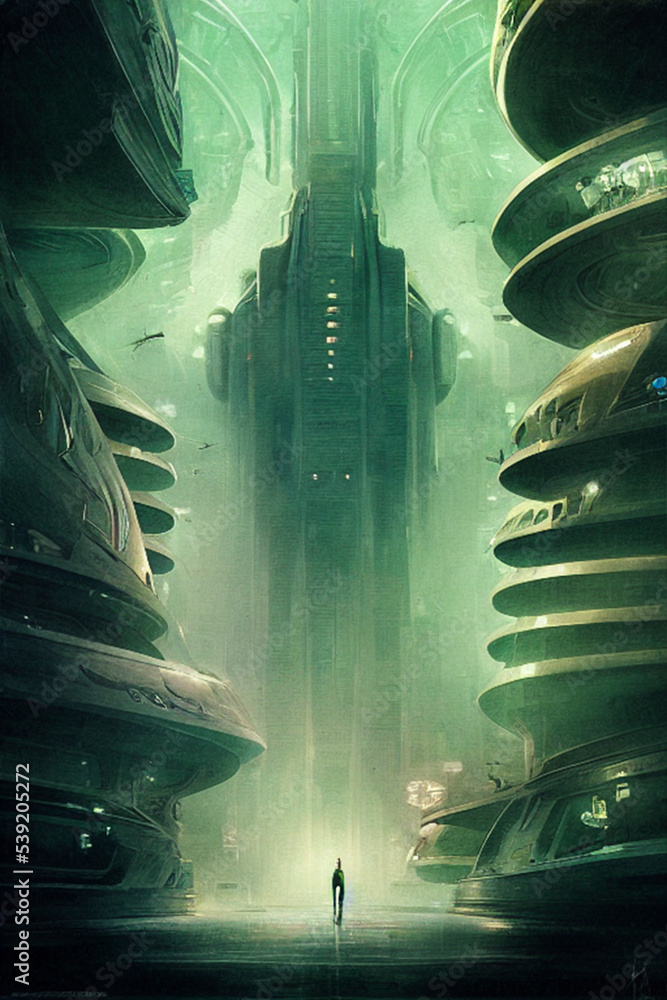 Illustrations of planets in outer space with various forms of buildings ...