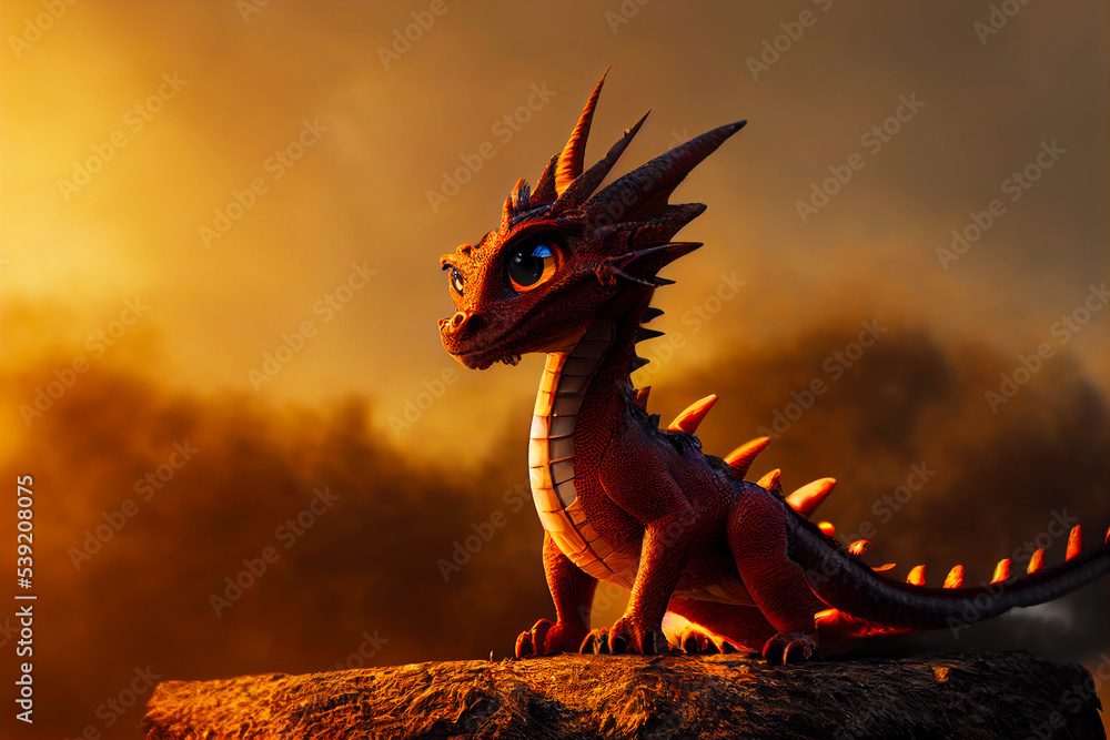 Cute baby dragon on a rock at sunset Stock Illustration | Adobe Stock