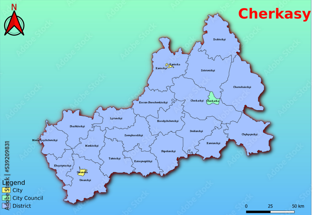 Vector map of the Ukraine administrative divisions of Cherkasy Region ...