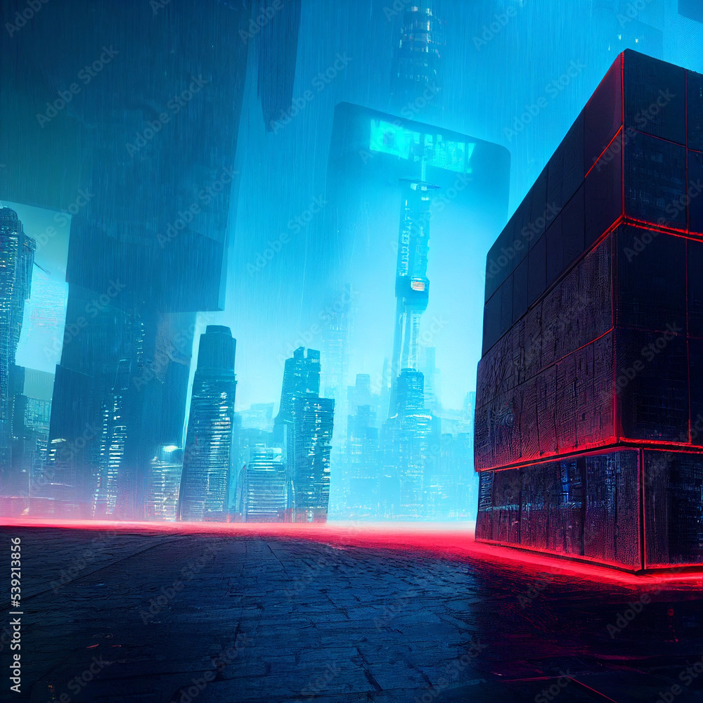 Building shaped like a black cube in a futuristic city Stock ...