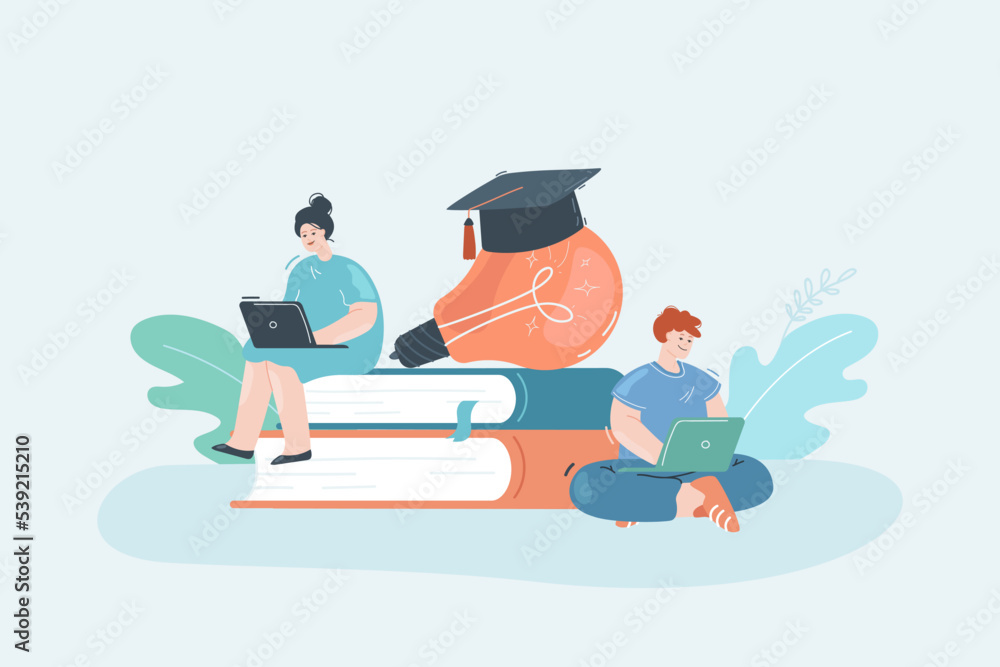 Tiny students with laptops with huge books and lightbulb. Cartoon man ...