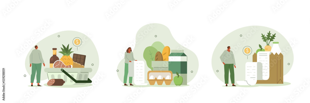 Inflation illustration set. Characters buying groceries and luxury ...
