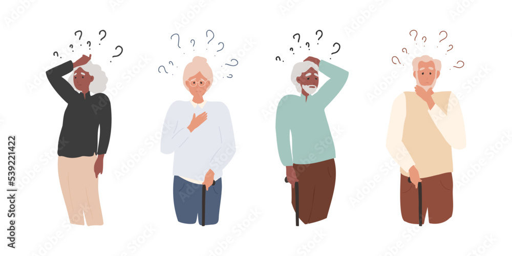 Set of senior characters think, confused grandfather, grandmother ...