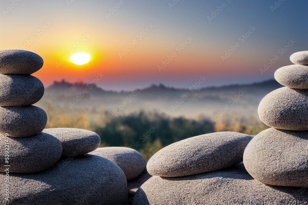 Rounded piled rocks, wellness spa health wellbeing, outdoor nature ...
