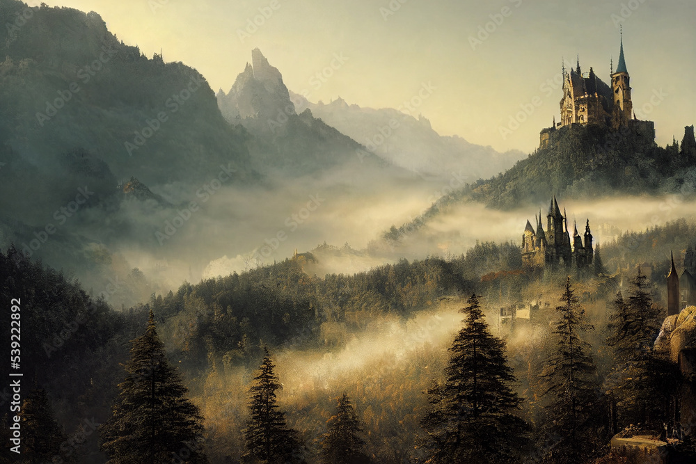 Gothic castle at the top of a mountain,dark environment, above a foggy valley.AI Generated Art ...