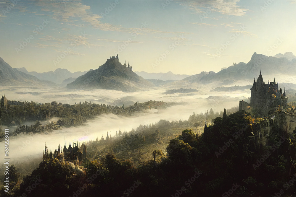 Gothic castle at the top of a mountain,dark environment, above a foggy ...