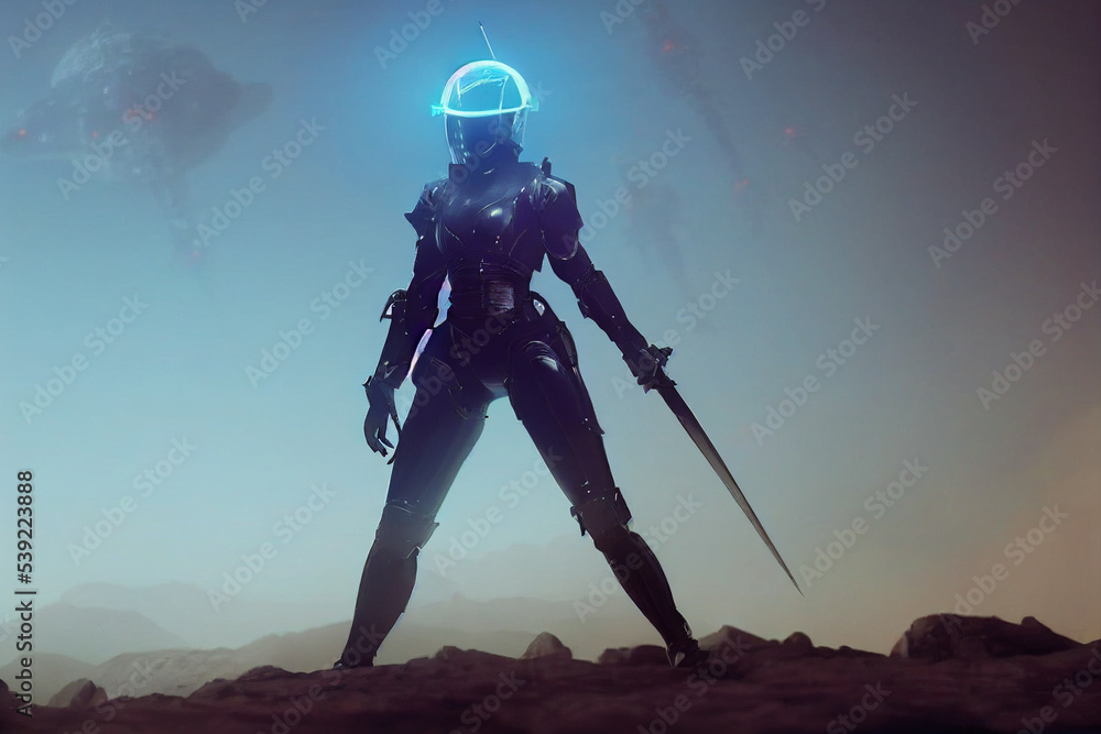 Epic shot action film portrait of female knight wearing futuristic ...