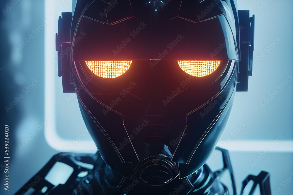 epic 3d portrait, female cyborg in a full high tech orange rays Exo ...