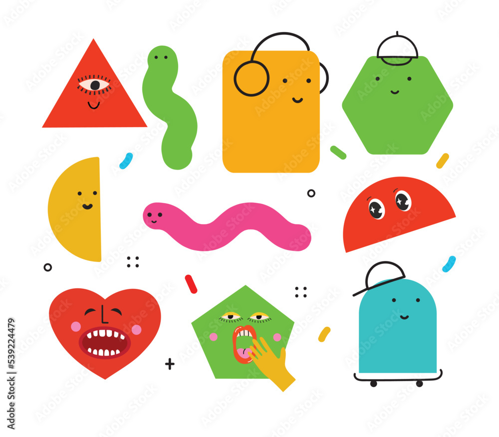 Vector illustration of geometric character shapes with face emotions ...