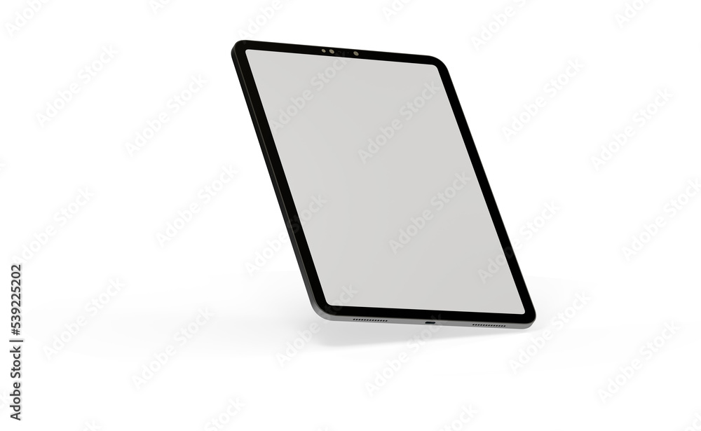 Blank screen realistic tablet frame, rotated position, side view, top ...