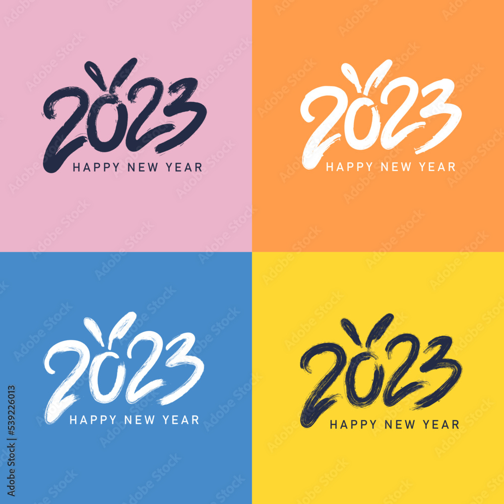 2023 brush stroke lettering set.Hand drawn number 2023 with hare ...