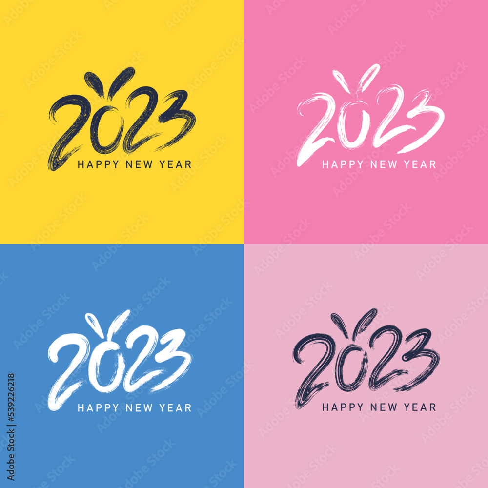 2023 brush stroke lettering set.Hand drawn number 2023 with hare ...