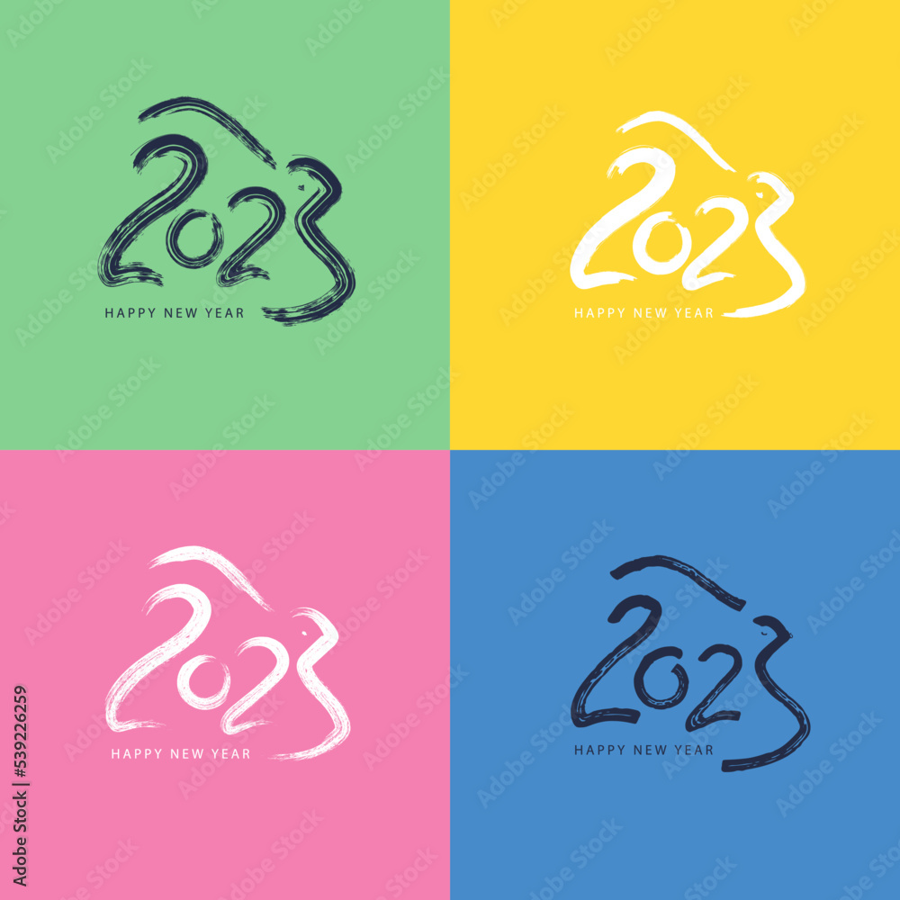 2023 brush stroke lettering set.Hand drawn number 2023 with hare ...