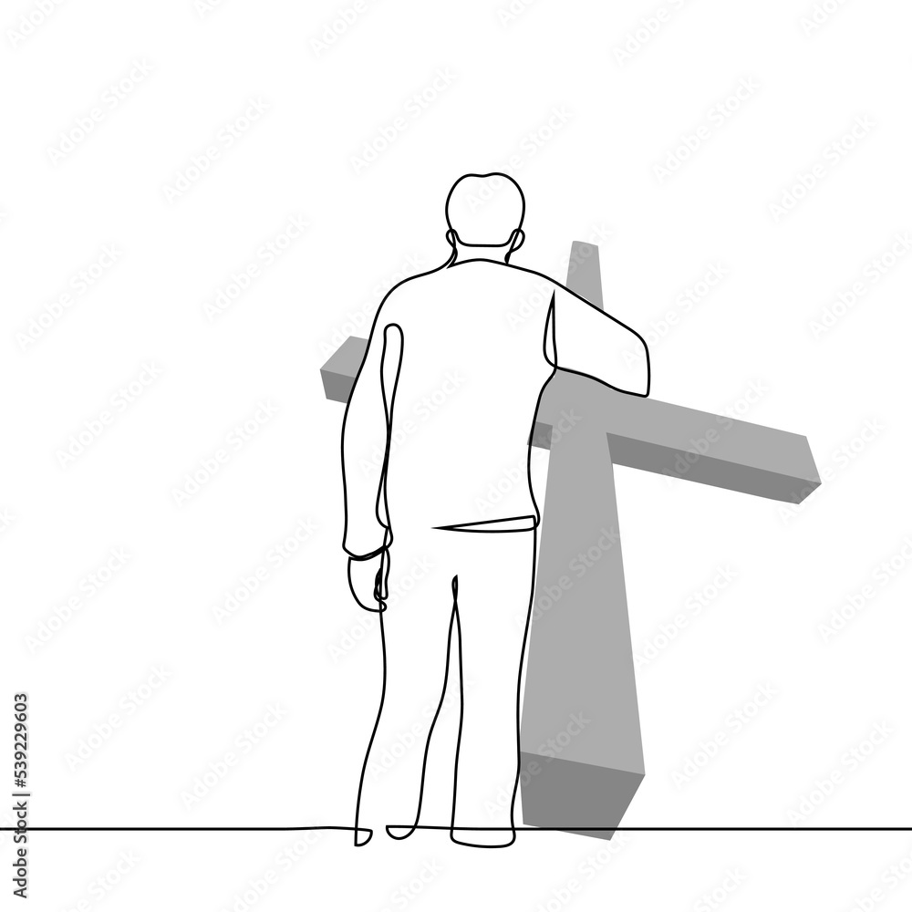 man carries a big cross - one line drawing vector. concept or metaphor ...