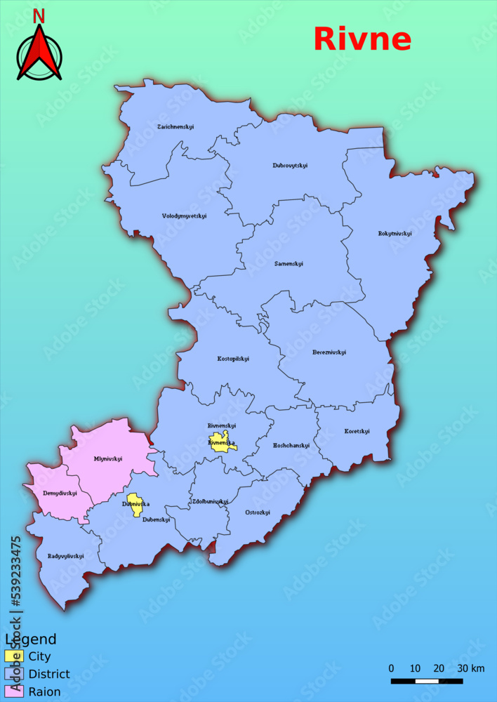 Vector map of the Ukraine administrative divisions of Rivne Region with ...