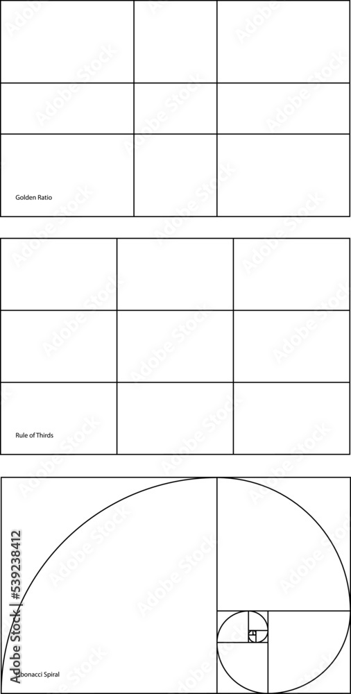 Poster The three photography composition rules "Golden Ratio", "Rule of Thirds" and "Fibonacci ...