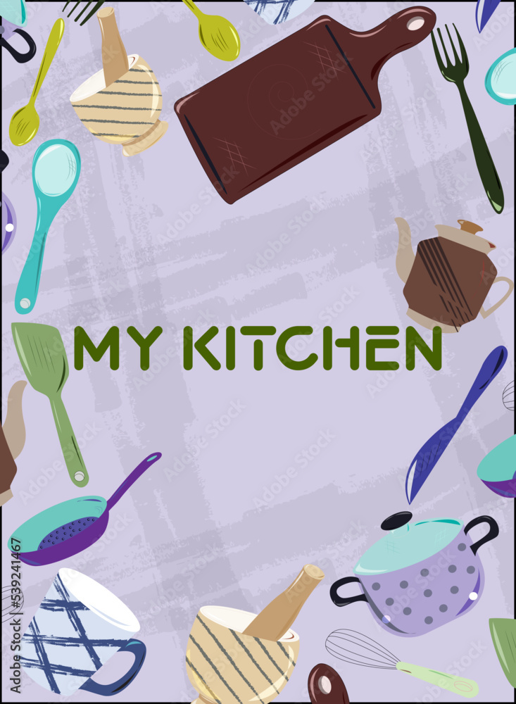 Frame or border design of kitchen utensils like chopping board,kettle ...