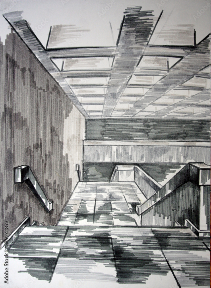Mixed technique pencil drawing. Monochrome colors. Corridor, hall ...