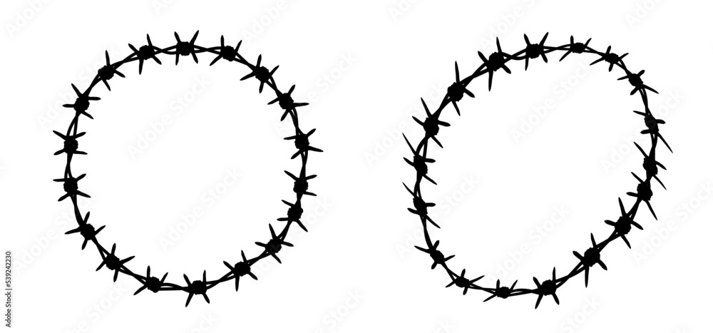 Cartoon round, circle, speed bubble or speech bubble and rusty barbed ...