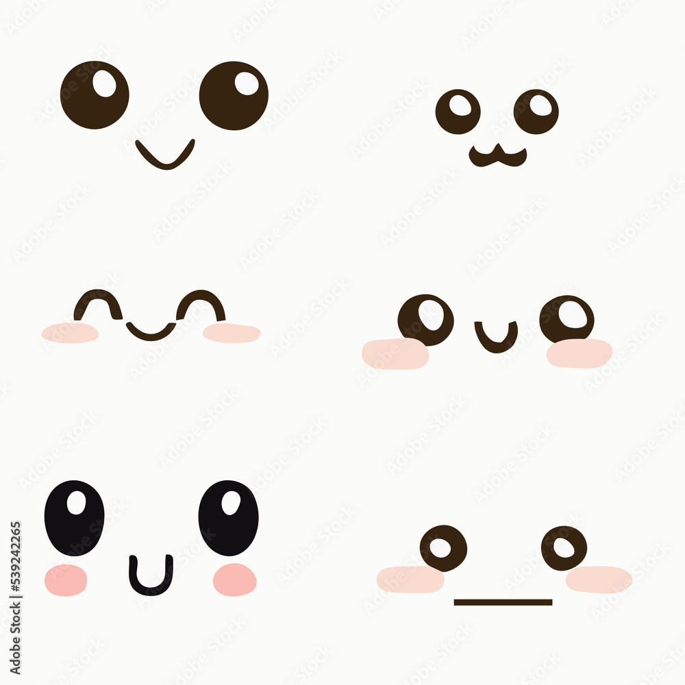 Set of kawaii faces. Vector illustration. Funny happy cartoon character ...
