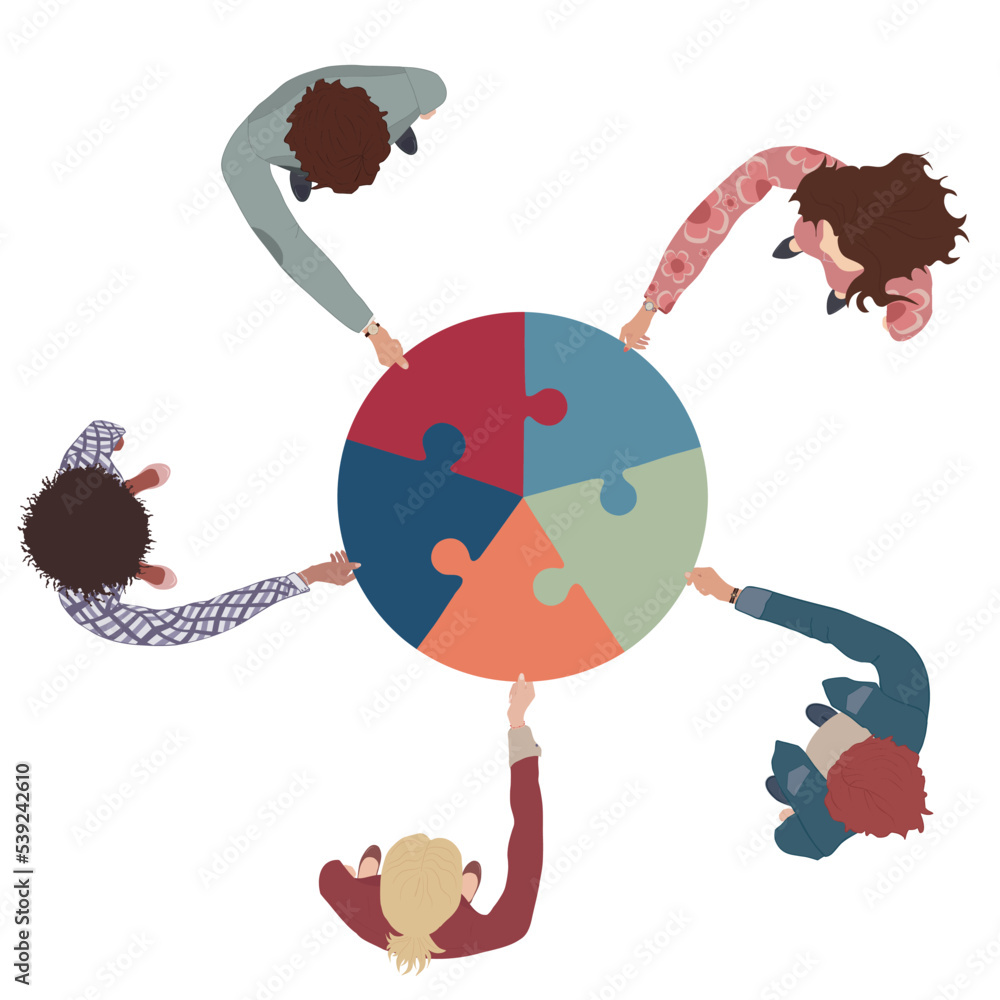 Group of business men and women top view holding and joining jigsaw ...